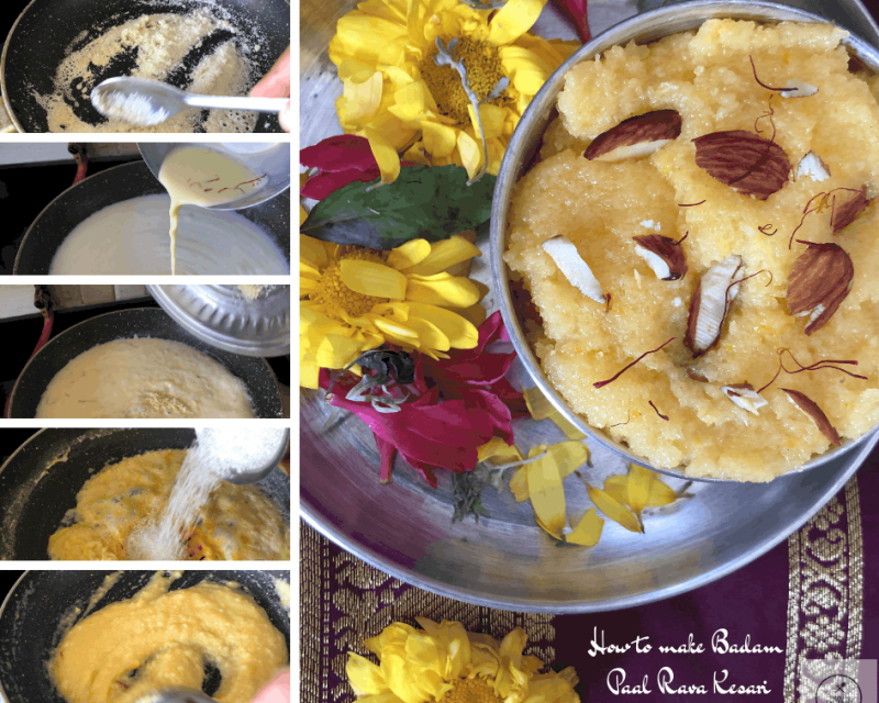 Elakkai Badam Paal Rava Kesari | Cardamom flavoured Almond pudding